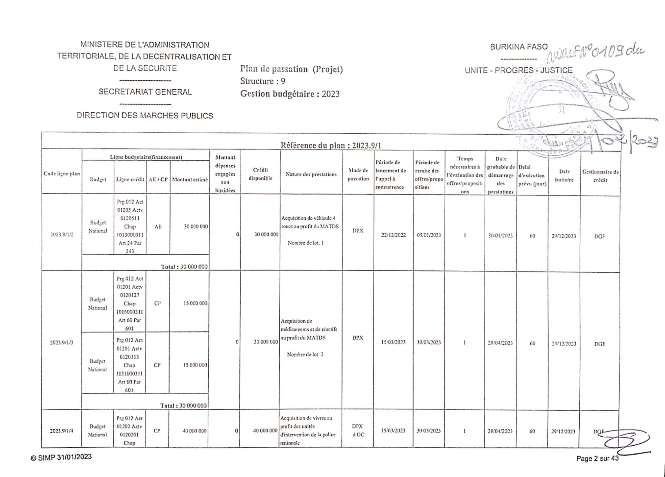 Plan de Passation des Marchés du Ministère de l'Administration ...